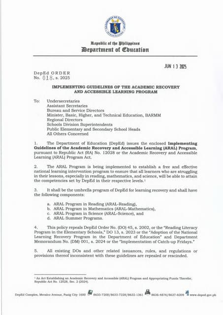 Implementing Guidelines for the ARAL Program | PPTX