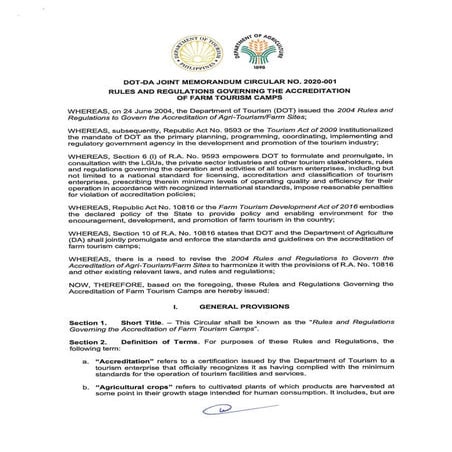 Department of Tourism-Department of Agriculture JMC No. 2020-002: Rules and Regulations ...
