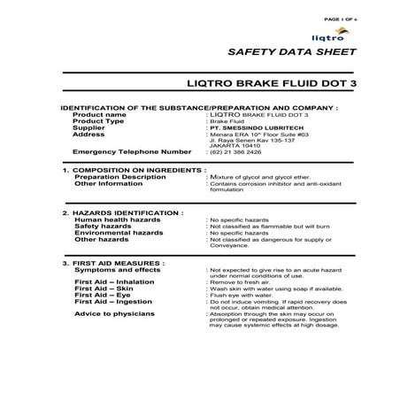 Brake Fluids DOT 3 (Material Safety Data Sheet) | PDF