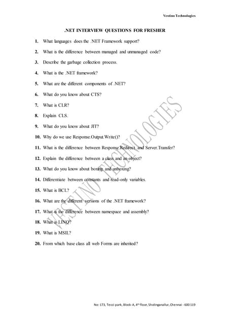 Dotnet Interview Questions For Fresher Pdf
