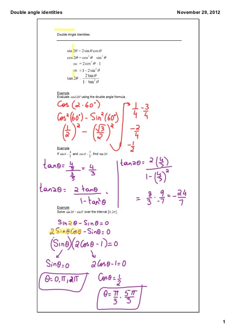 Double angle identities 29th november 2012