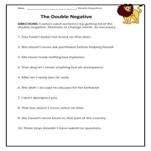 Double Negatives Worksheet