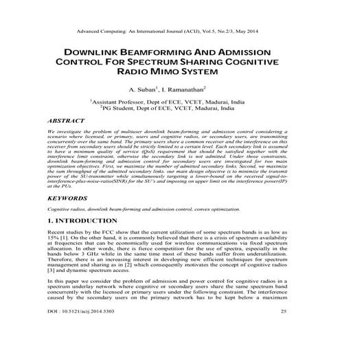 Downlink Beamforming And Admissin Control For Spectrum Sharing Cognitive Radio Mimo System Pdf