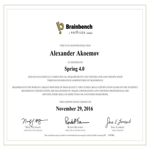 Akoemov BrainBench Spring 4.0 Certificate | PDF