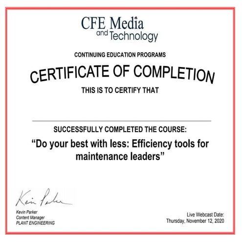 Certificate of Completion "Do your best with less: efficiency tools for ...