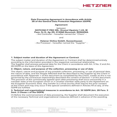 Data Processing Agreement - Hetzner | PDF