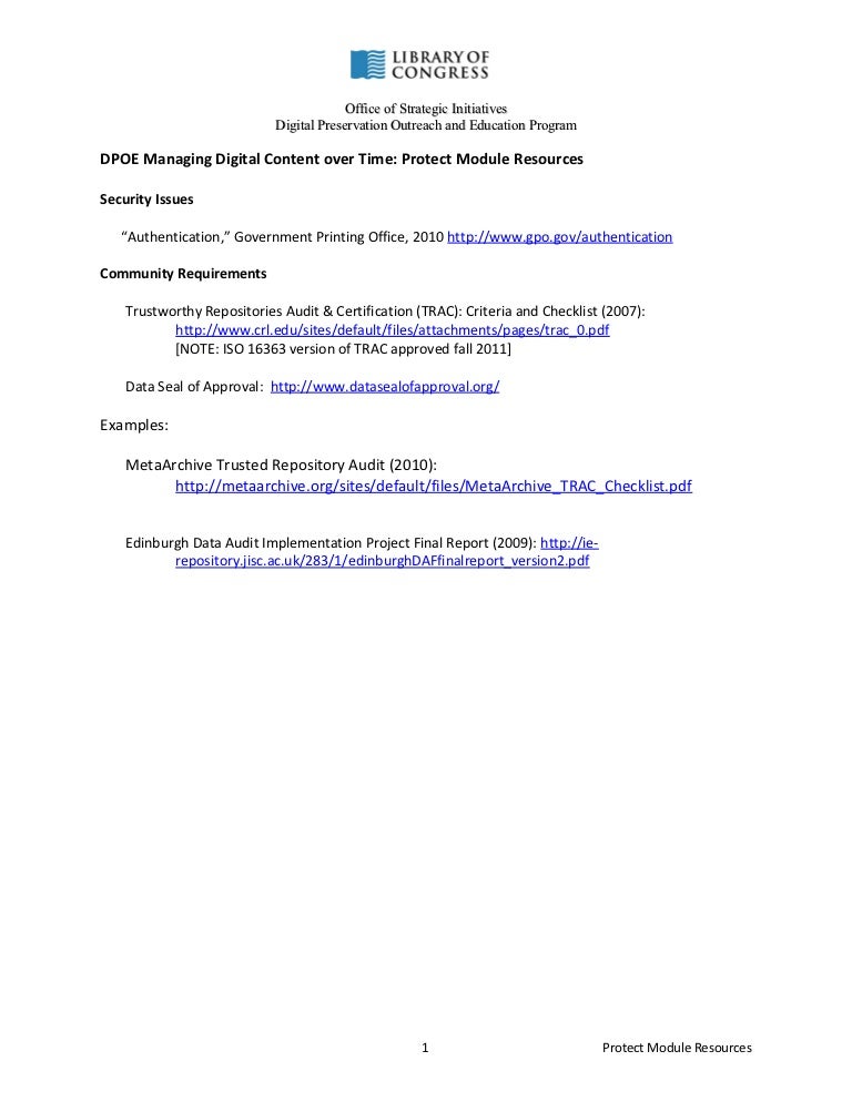 DPOE Managing Digital Content over Time: Protect Module Resources