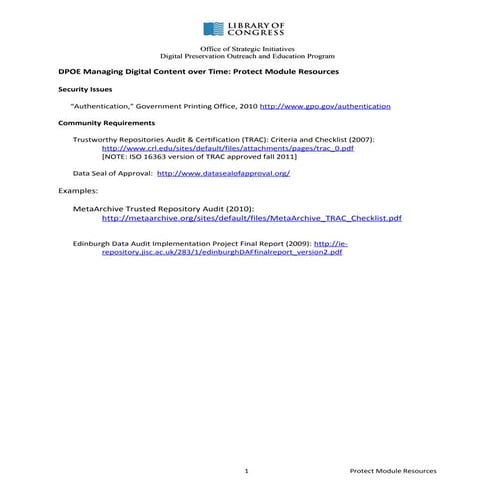 DPOE Managing Digital Content over Time: Protect Module Resources | PDF