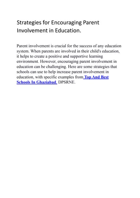 Parental Involvement in Education Practices and Benefits in Schools in ...