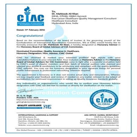Honorary Adviser for Healthcare Quality Accreditation CIAC ...