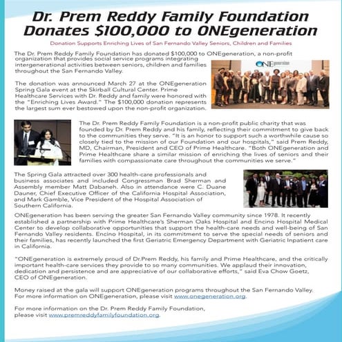 Dr. prem reddy family foundation donates $100,000 to on egeneration | PDF