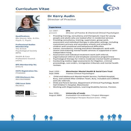 Dr kerry-audin - Cpa Chartered Clinical Psychologist Education | PDF ...