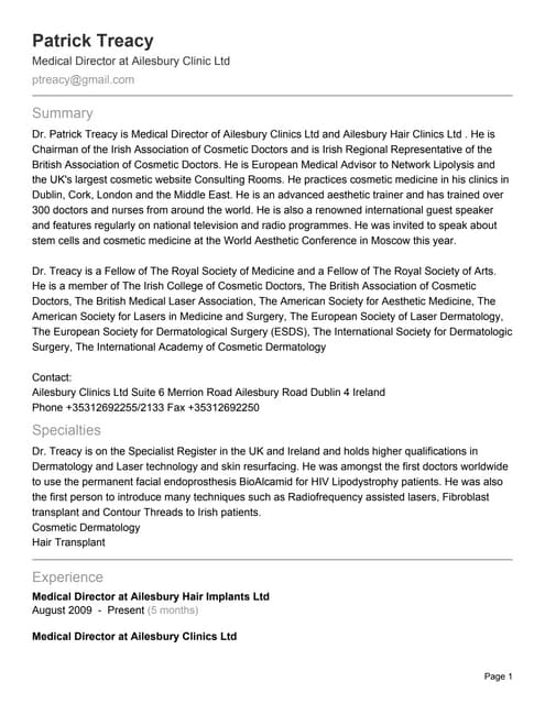 Dr. Patrick Treacy Profile | PDF Dr. Patrick Treacy Profile | PDF