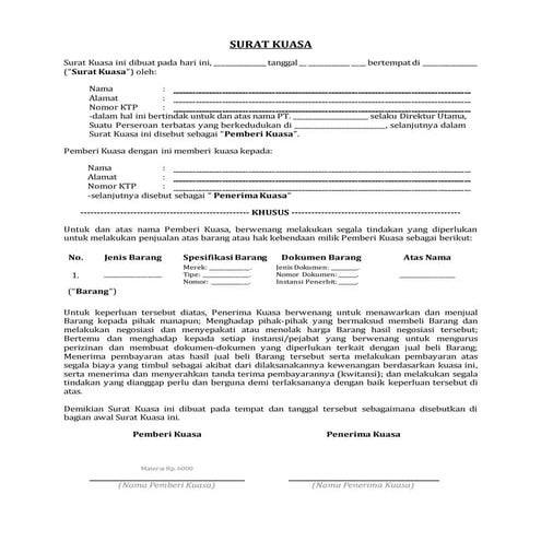 Draf surat kuasa menjual barang | DOCX