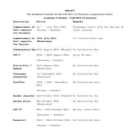 Draft academic calendar for winter 2011 12 semester | PDF