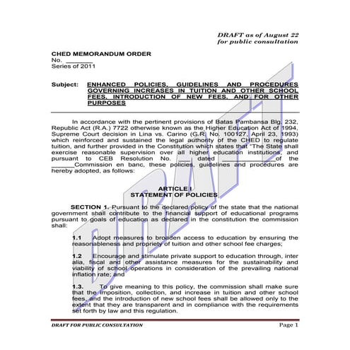 Draft cmo on tuition and other school fees | PDF