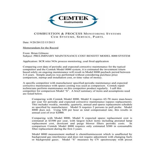 Cemtek 8000 cost benefit analysis (payback calc) | DOC