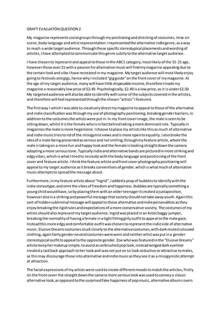 Draft evaluation question 4 | DOCX | Music | Entertainment