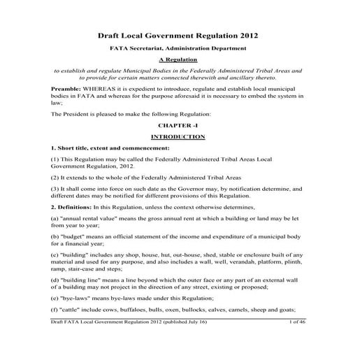 Draft #1 FATA Local Government Regulation (July 2012, FATA Secretariat ...