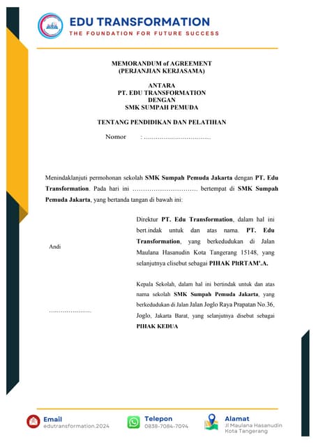 Surat perjanjian kerjasama kesepakatan workshop | PDF