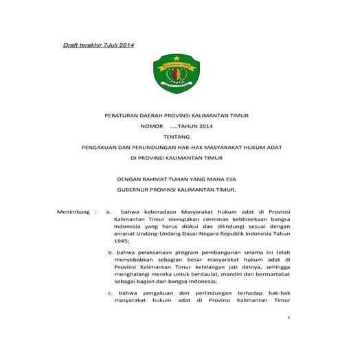 Draft Perda Adat Revisi Pasca Rapat Tanggal 7 Juli 2014 | PDF