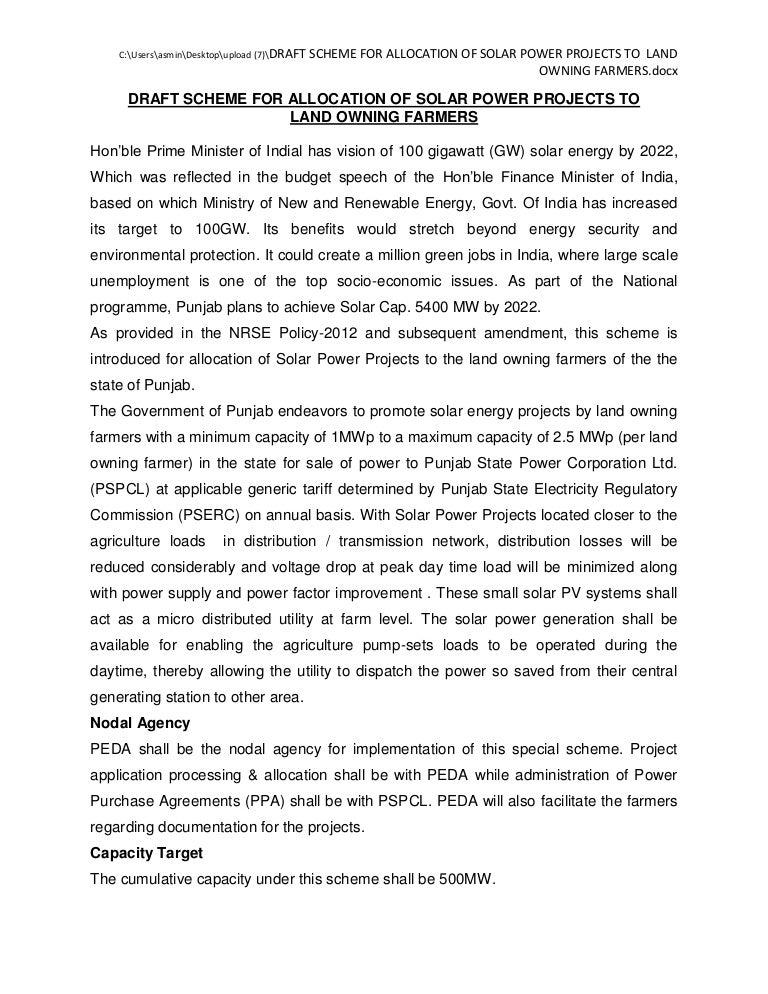Draft scheme for allocation of solar power projects for land owning f…