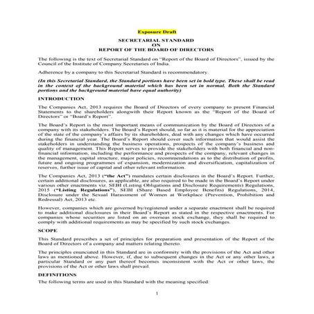 Exposure Draft SECRETARIAL STANDARD ON REPORT OF THE BOARD OF DIRECTORS ...