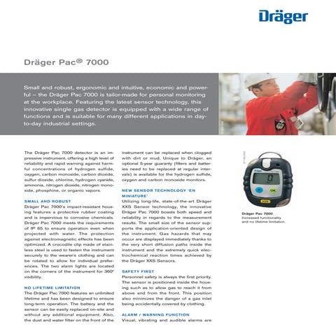 Dräger Pac 7000 Portable Gas Detector - Spec Sheet | PDF