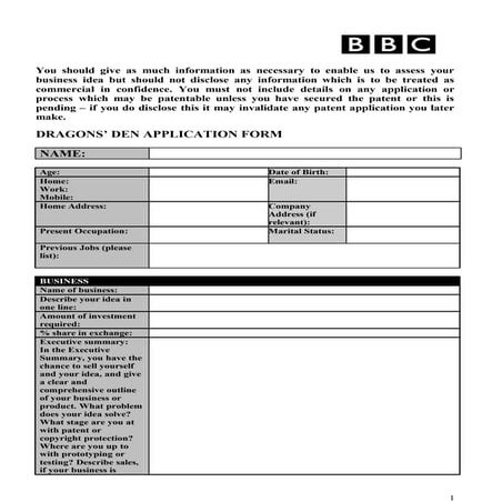 BBC Dragons' Den Application Form 2013 | DOC
