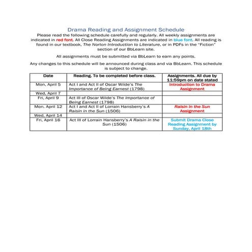 Drama reading and assignment schedule | PDF | Drama | Genres