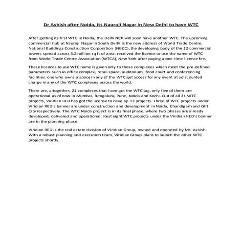 Dr ashish after noida, its nauroji nagar in new delhi to have wtc | DOCX