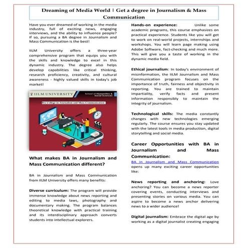 Dreaming of Media World | Get a degree in Journalism & Mass Communication | PDF | Undergraduate ...
