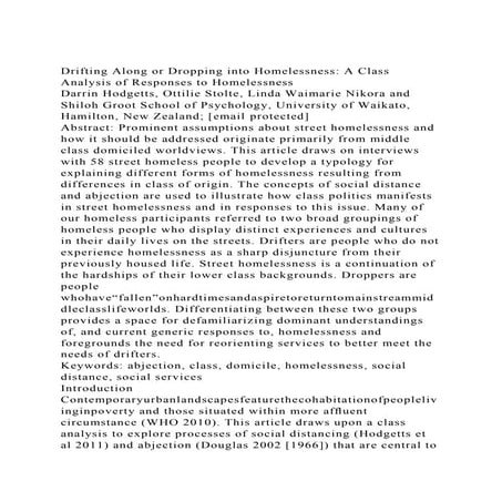 Drifting Along Or Dropping Into Homelessness A Class Analysis Of Docx