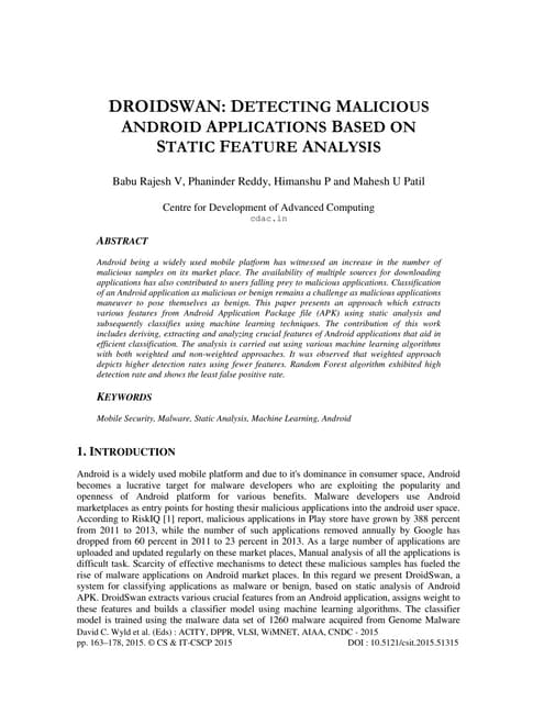 Droidswan Detecting Malicious Android Applications Based On Static Feature Analysis Pdf