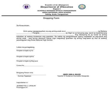 dropping form of learners at risk of dropping out | DOCX