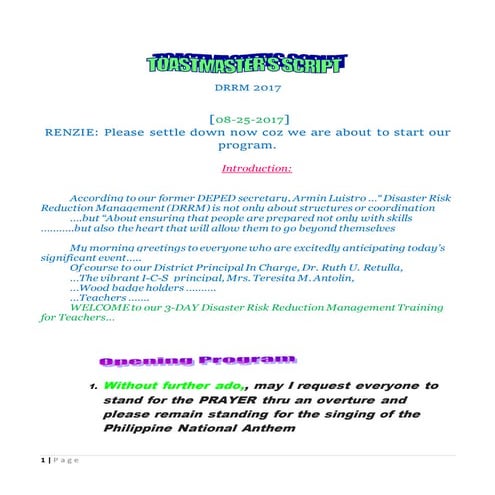 DRRM [Disaster Risk Reduction Management] Training for teachers program script 2017 | DOCX