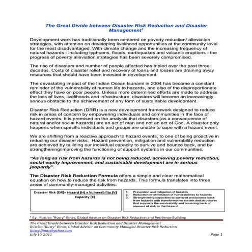 Disaster Risk Reduction Versus Disaster Management July 10, 2011 | PDF