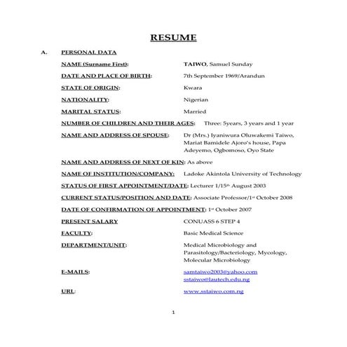 Dr ss taiwo resume | PDF