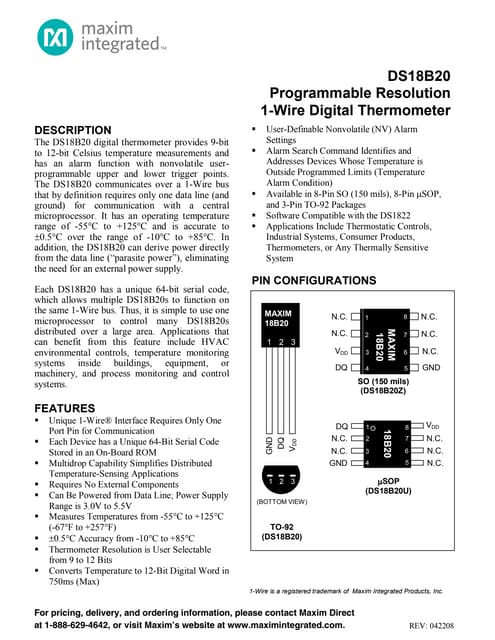 datasheet ic temperature DS18B20. OneWire digital thermometerpdf | PDF