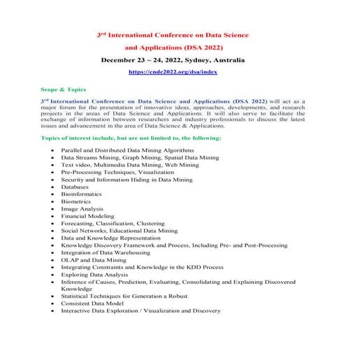 3rd International Conference on Data Science and Applications (DSA 2022) | PDF | Databases ...