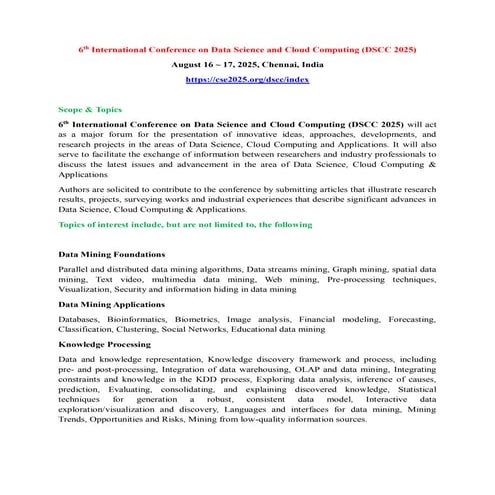 CFP - 6th International Conference on Data Science and Cloud Computing (DSCC 2025) | PDF