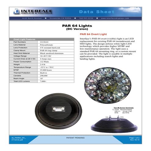 PAR 64 Lights Data Sheet (Interface Displays) | PDF | Physics | Science