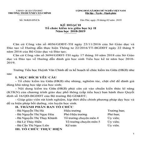 KH kiểm tra Giữa HKII-18-19 | PDF