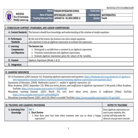 Daily Lesson Log—Grade 8 Matatag Curriculum Week 2 | DOCX