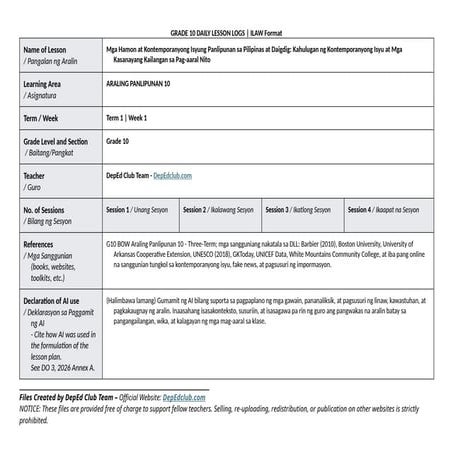 Comprehensive Grade 10 Lesson on Human Rights and Social Issues | DOCX