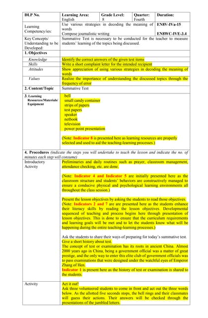 DETAILED LESSON PLAN IN ENGLISH 4 QUARTER WEEK 2H | DOCX