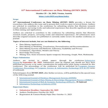 11th International Conference on Data Mining (DTMN 2025) | PDF