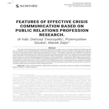 FEATURES OF EFFECTIVE CRISIS COMMUNICATION BASED ON PUBLIC RELATIONS ...