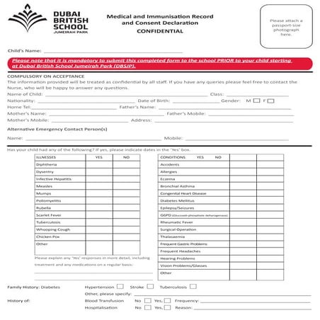 Dubai British School Jumeirah Park - Medical and Immunisation Record ...