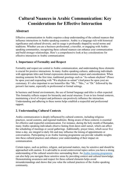 Arabic Learning: A Gateway to Culture, Communication, and Connection | PDF